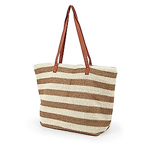 Oweisong Women Straw Beach Bags Tote Large Summer Stripe Woven Handbag Hobo Handmade Straw Shoulder Purse with Zipper