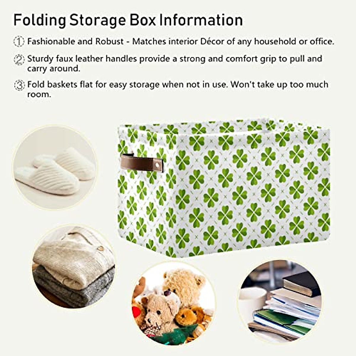 xigua St. Patricks Day Clover Storage Basket, Durable Canvas Organizer With Handles Large Collapsible Storage Bins Boxes for Home Office - 2packs