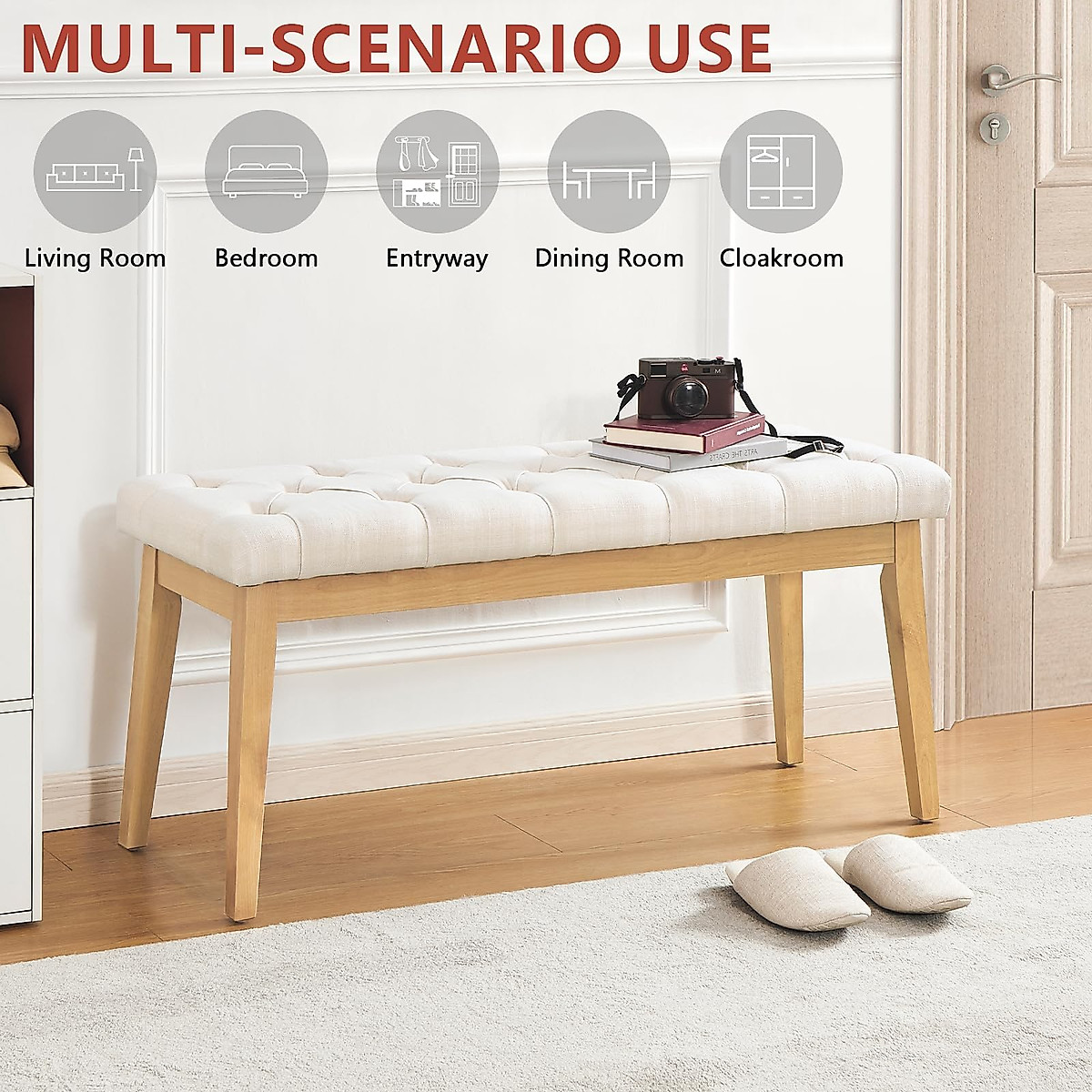 Upholstered Entryway Bench - End of Bed Bench with Padded Seat, Button Tufted Wood Frame (Beige-2)