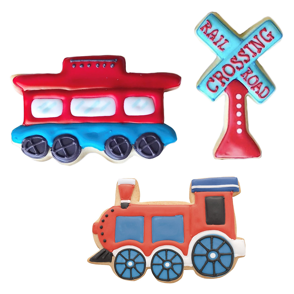 Train Railroad Cookie Cutters 3-Pc. Set Made in USA by Ann Clark, Train Engine, Caboose, Railroad Crossing Sign