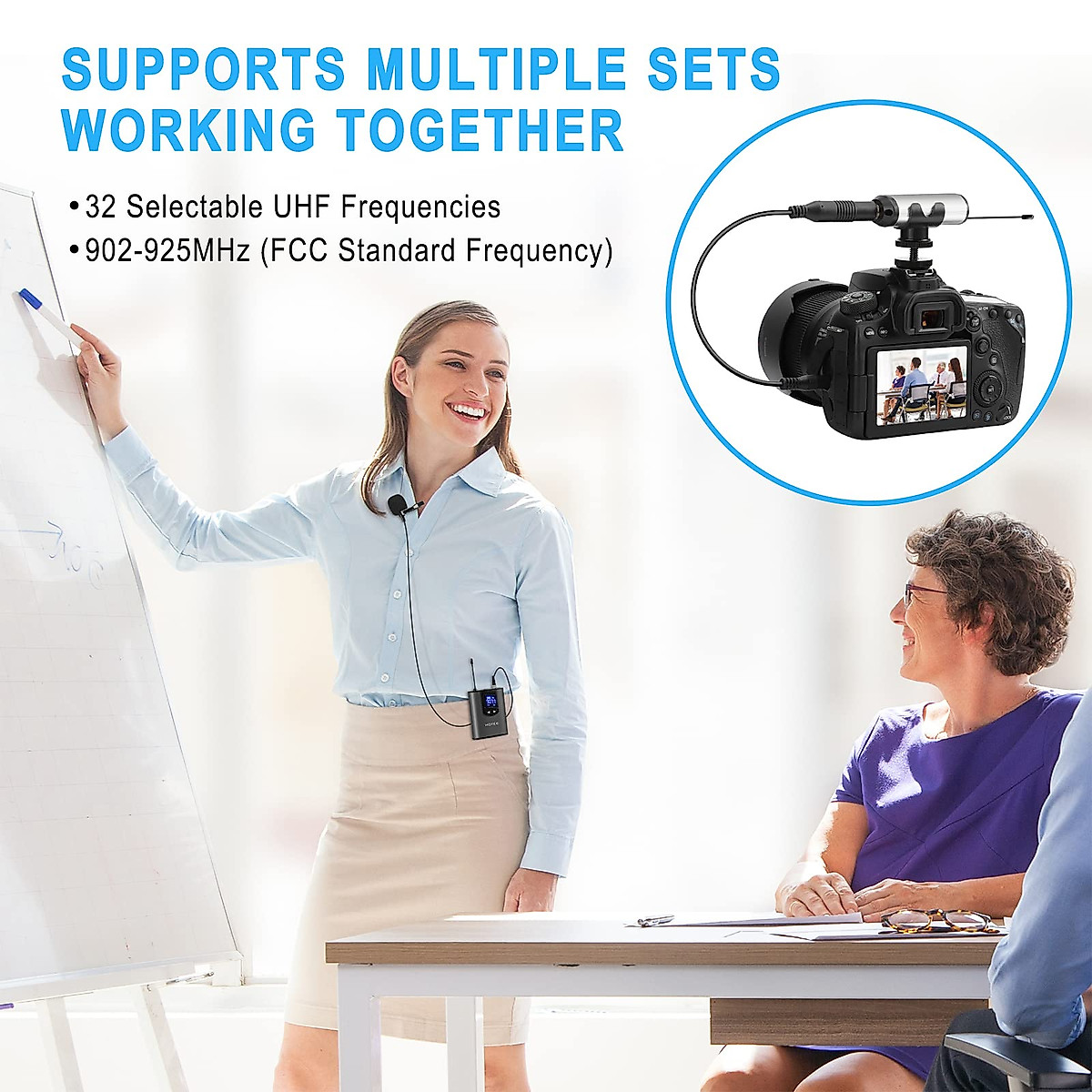 Hotec Wireless System with Dual Headset Microphones/Lavalier Lapel Mics and Bodypack Transmitters and One Mini Rechargeable Receiver 1/4" Output, for Live Performances