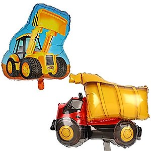 2 Pcs Construction Truck Themed Bulldozer Dump Truck Foil Mylar Balloon Birthday Party Decor Supplies