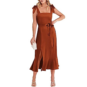 ANRABESS Women's Satin Formal Dress Square Neck Ruffle Split Midi Bridesmaid Dress for Wedding Guest Cocktail Party A1008jiaotang-M Caramel