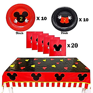 Mickey Themed 2nd Birthday Party Supplies Mickey Themed Party Decorations,Including 20 Paper Plates With Logo 2,10 Napkin,1 Table Cloth Serves 10 Guest For Baby Boys Girls Mouse Birthday Deocorations