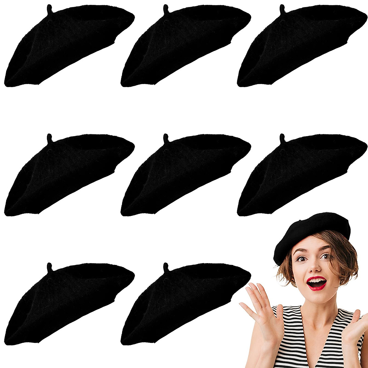 BBTO 8 Pieces Beret Hats for Women Wool French Hats Artistic Solid Color Winter Beanie Cap for Women Men Girls Lady