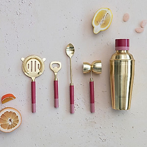 Creative Co-Op Stainless Steel 2-Tone Resin Handles in Drawstring Bag, Gold Finish Bar Tools, Pink