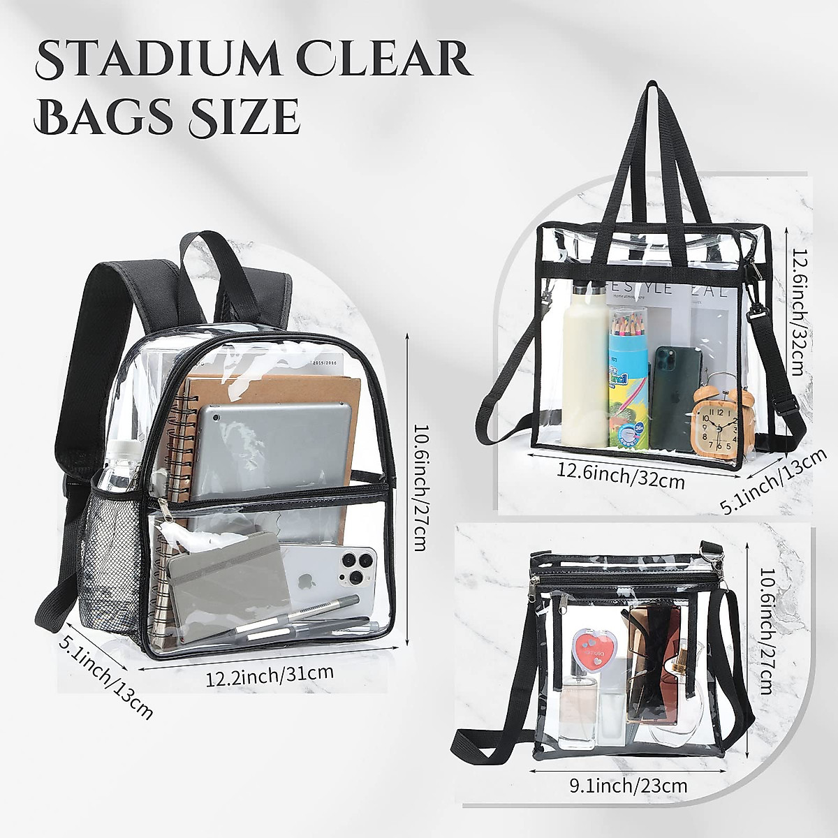 3 Pcs Clear Backpack Stadium Approved Transparent Backpack Clear Tote Bag with Zipper See Through PVC Messenger Handbag Stadium Approved Purse Transparent Crossbody Bags with Adjustable Strap for Work