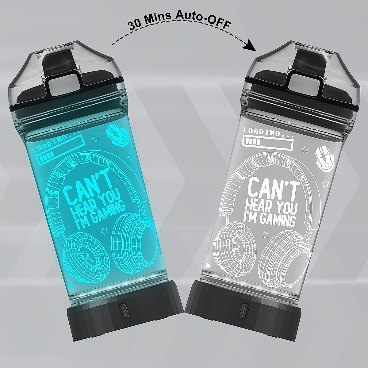 YuanDian Can't Hear You I'm Gaming Water Bottle, Headphone 7 Color Lights 3D Light up Drinking Cups Gifts for Gamers Boys, BPA Free & Leak Proof Flip Top Lid & Easy Clean & Carry Handle, 14oz/400ml