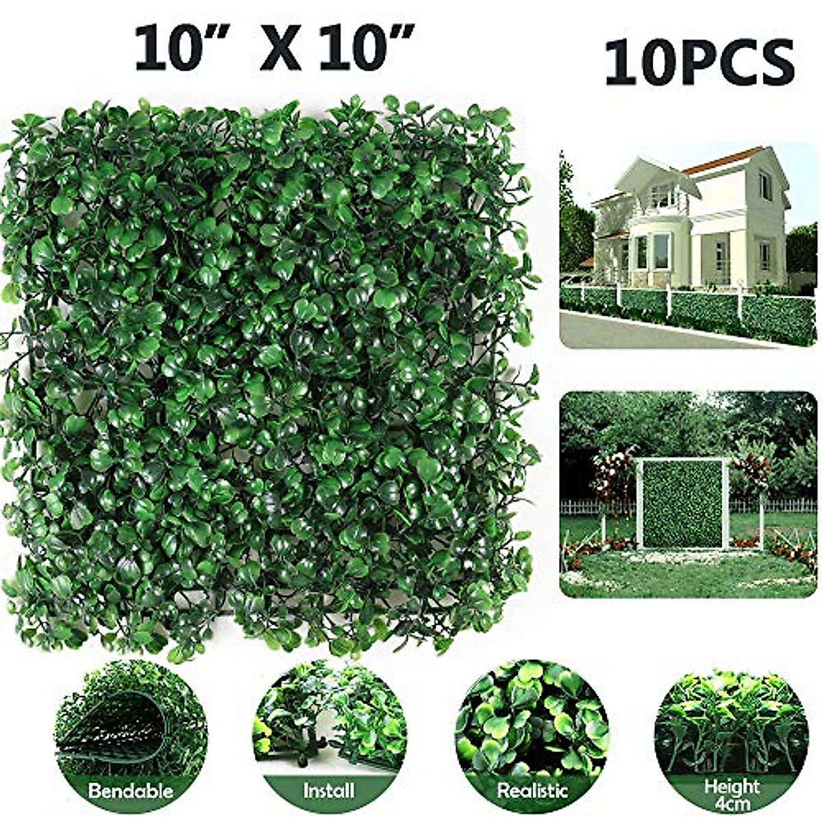 Boshen Pack of 10 PCS 10" x 10" Artificial Grass Green Wall Backdrop Panels 6.89 SQ Ft UV Protected Thickened Faux Boxwood Privacy Hedge Panels Decoration for Party Wedding Backyard Indoor Outdoor
