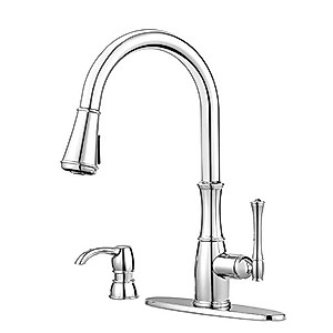 Pfister Wheaton Kitchen Faucet with Pull Down Sprayer and Soap Dispenser, Single Handle, High Arc, Polished Chrome Finish, GT529WH1C