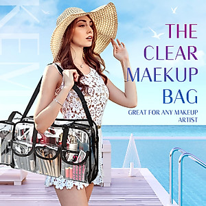 Kemier Clear Travel Makeup Bag with 6 External Pockets,Cosmetic Organizer Case with Shoulder Strap,Large