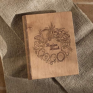 WOXTEED A5 Wooden Blank Recipe Book to Write in (7.5 x 6 inch) - Cook Book with 80 Sheets for Handwritten Recipes - Hardcover Family Kitchen Journal and Recipe Keeper (Brown)