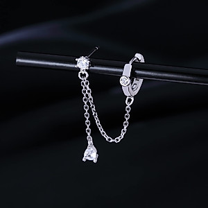 SLUYNZ 925 Sterling Silver Double Piercing Earrings Huggie Cuff Droplet Chain for Women Teens Double Holes Dangle Earrings Cartilage Helix Piercing Earrings Chain (A-Silver)