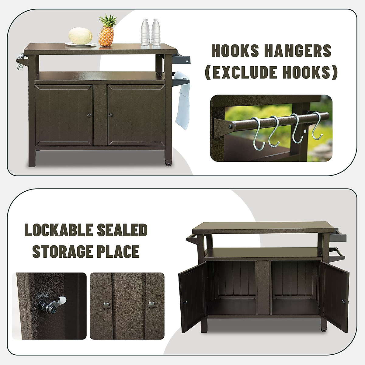 Domi Grill Carts Outdoor with Storage and Wheels, Whole Metal Portable Table and Storage Cabinet for BBQ,Deck,Patio,Backyard (Brown, L45xW20.31xH35.51 Inch)