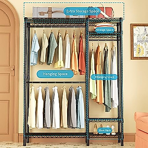 Heavy Duty Clothes Rack Clothing Rack for Hanging Clothes,Large Metal Garment Rack with 4 Tiers Adjustable Wire Shelves&3 Hanger Rods,Freestanding Closet Wardrobe System,MaxLoad 700lbs