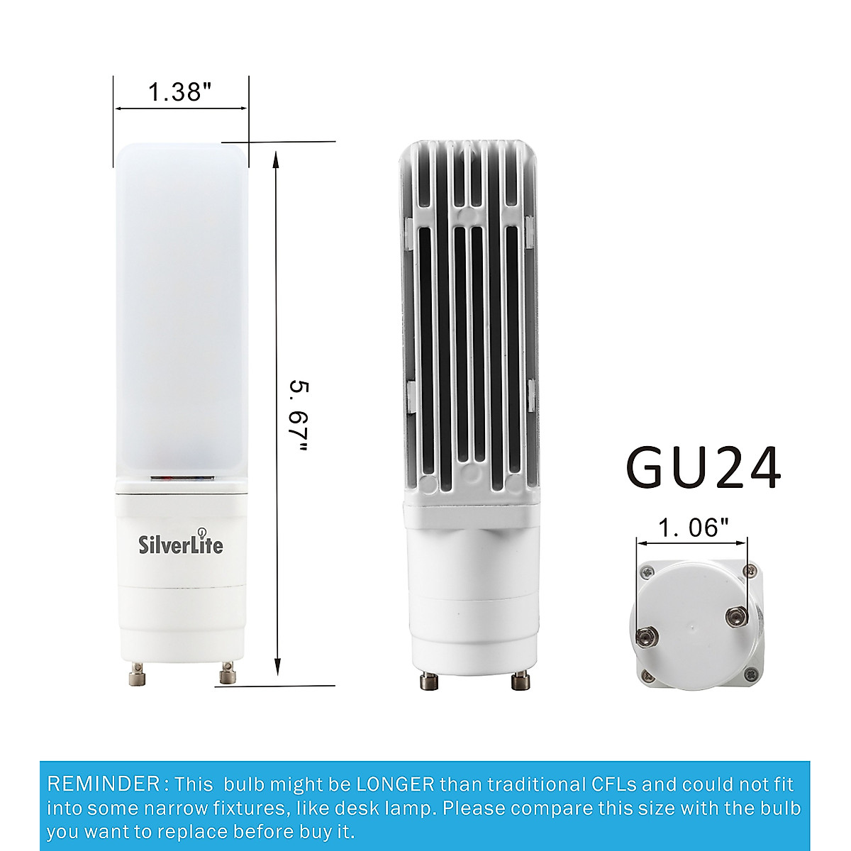 Silverlite 12w LED PL Bulb GU24 Base,26w CFL Equivalent,1100LM,Warm White(3000k),120-277V,Horizontal Recessed,180°Rotatable,UL Listed