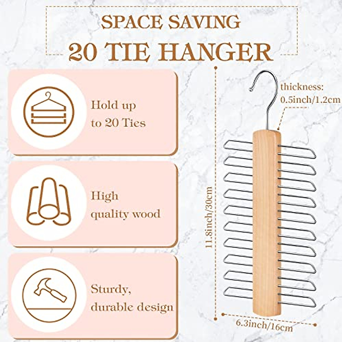 Yalikop Wooden Necktie and Belt Hanger 4 Pack Natural Finish Wood Center Organizer Tie Rack with Non-Slip Clips 20 Hooks 360 Degree Swivel Space Saving for Men Closet