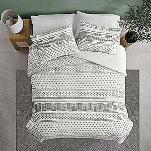 Cotton Farmhouse Comforter Set, King Size Bedding Sets, Dual-Sided Neutral Modern Design, with Boho Style Clipped Jacquard Stripes 3-Pieces /W Matching Pillow Shams (104x90 inches, White/Charcoal)