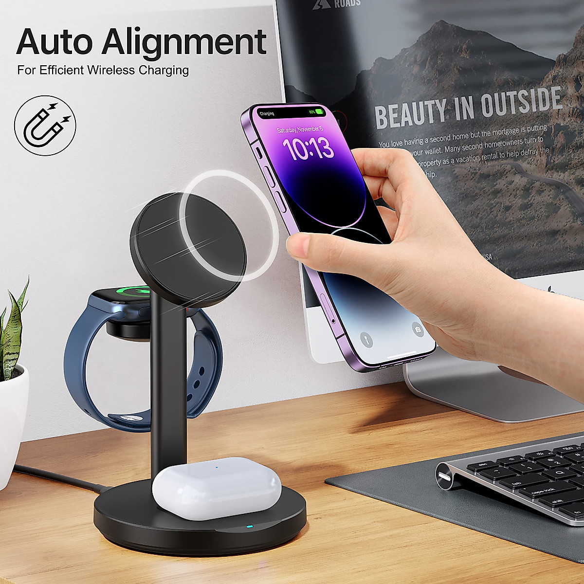 Wireless Charger, 3-in1 Magnetic Charging Station Fast Wireless Mag-Safe Charging Stand (Upgraded Black)