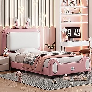 Bellemave Twin Size Upholstered Rabbit-Shape Princess Bed,PU Upholstered Twin Platform Bed with Slat Supports, Kids Twin Size Bed Frame for Boys Girls(White+Pink)