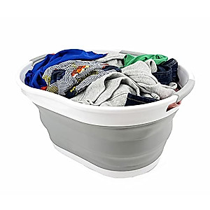 SAMMART 25L (6.6 gallon) Collapsible Plastic Laundry Basket - Foldable Pop Up Storage Container/Organizer - Portable Washing Tub - Space Saving Hamper/Basket (White/Grey (Set of 2))