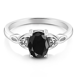 Gem Stone King 925 Sterling Silver Black Sapphire & White Diamond 3-Stone Rings | 1.73 Cttw | Oval 8X6MM | 3 Stone Wedding Engagement Anniversary Promise Ring For Women (Size 8)