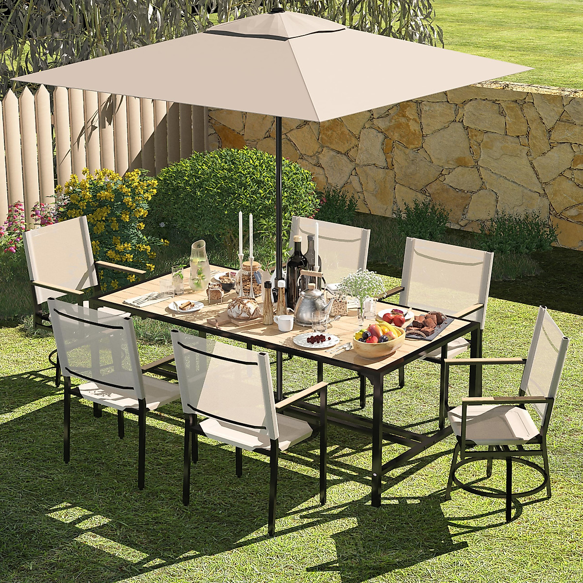 COCLUB 7 Piece Patio Dining Set for 6 Outdoor Furniture Table and Chairs Set with 2 Swivel Chairs 4 Regular Textilene Chairs and 1 Large Table with Umbrella Hole for Yard Garden Lawn Porch & Poolside