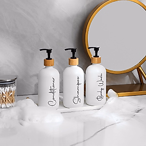 Glass Shampoo and Conditioner Pump Bottles Soap Dispenser Bamboo Pump Head Empty Glass Refillable Shampoo Conditioner Body Wash Soap Bottles for Bathroom, 17 oz, 3 Pack, White