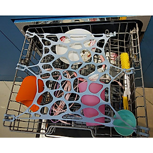 REVEX Dishwasher Net, 9.8"x14.5" Silicone Dishwasher Net For Small Items, 6 Adjustable Hooks to Cover Plastic Bowls,Baby Bottle and Cups to Avoid Tipping Over, Suitable for All Dishwashers (Blue)