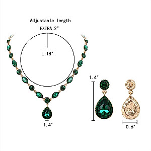 EleQueen Women's Wedding Bridal Jewelry Set for Brides Bridesmaids, Crystal Teardrop Necklace Dangle Earrings Jewellery for Party Prom Emerald Color