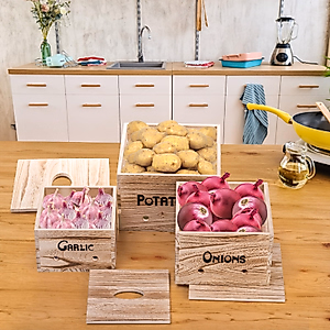 Frcctre 3 Pack Vegetable Storage Bins, Farmhouse Potato Onion Garlic Kitchen Storage Canisters Set, Wooden Stackable Vegetable Keeper with Lid and Aerating Holes for for Pantry Organization
