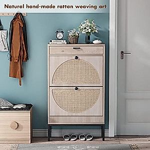 Brafab Shoe Storage Cabinet with 2 Flip Drawers&1 Small Drawer, Slim Entryway Shoe Organizer with Half Round Woven Rattan Doors for Sneakers…