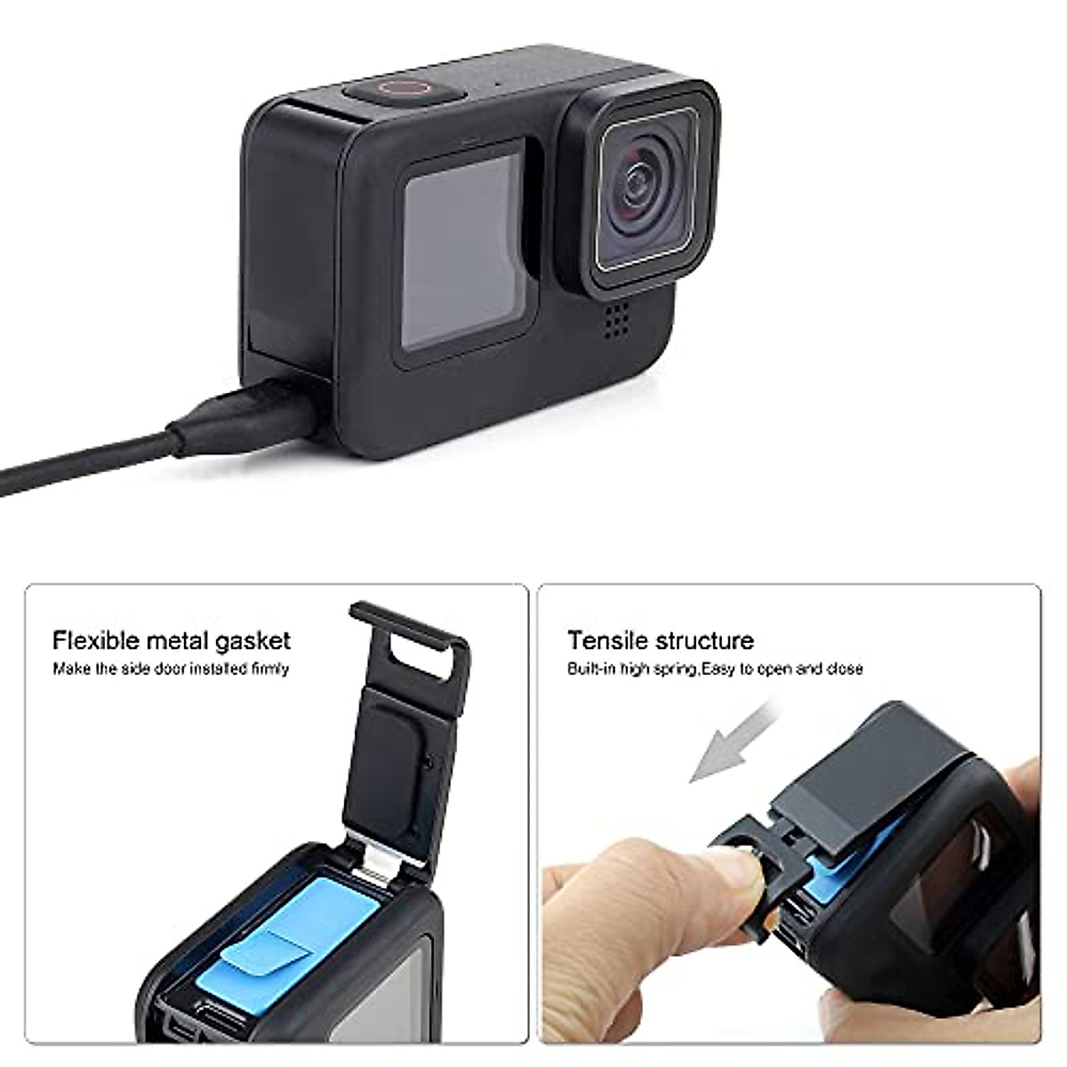 GEPULY Skeleton Housing Case Side Open Housing Protective Case with Aluminum USB Pass Through Side Door Cover for GoPro Hero 9 10 11 12 13 Black - Charging Camera Without Removing Housing Case