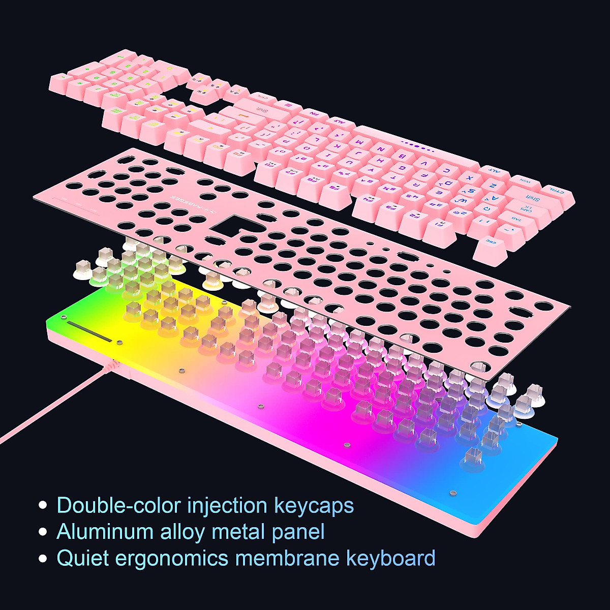 MageGee Gaming Keyboard and Mouse Combo, True RGB Backlit Membrane Office Keyboard, 104 Keys Metal Panel USB Quiet Wired Keyboard for Windows Laptop PC - Pink