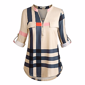 Moyabo Women Clothing Women's 3/4 Cuffed Sleeve Zip Notch V Neck Casual Plaid Tunic Shirt Blouse Top Apricot Medium