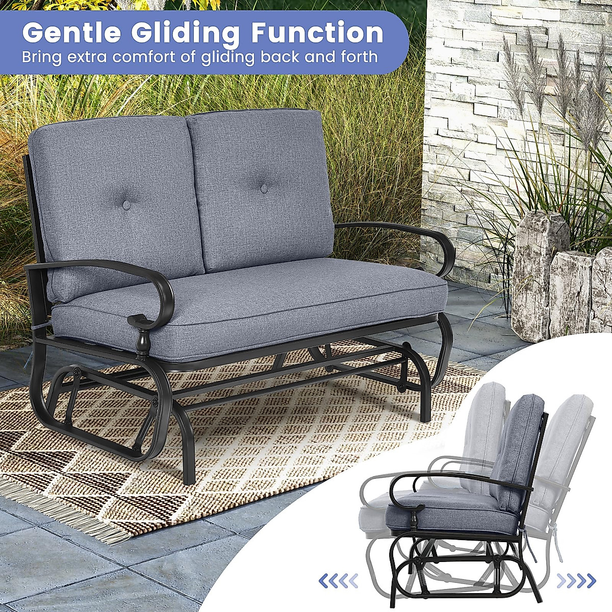 Tangkula Outdoor Swing Glider Chair, Patio Glider Bench for 2 Persons, Outdoor Rocking Loveseat with Steel Frame & Comfortable Cushions for Garden, Porch, Balcony, Poolside (Grey)