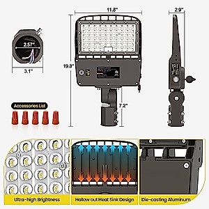 YARBO 200W LED Parking Lot Light 180W 150W Tunable, 32000LM (160LM/W) 5000K Parking Lot Light, Adjustable Slip Fitter, Dimmable LED Shoebox Light with Dusk to Dawn Photocell, Outdoor Street Pole Light
