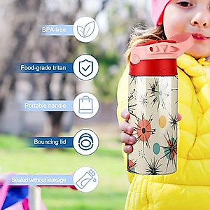 Stainless Steel Water Bottles Atomic Stars Retro Pattern Travel Water Cups with Handle And Silicone Straw Drinking Cup with Leak Proof Lid Thermo Travel Mug for Women Men