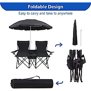 LEADALLWAY Double Camping Chair with Parasol Portable Folding Lawn Chair Support 256 LBS,19''x19''Each seat