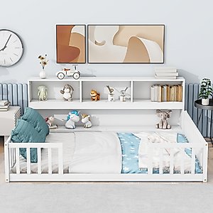 SOFTSEA Full Size Floor Bed with Bedside Bookcase and Storage Shelves, Solid Wood Floor Bed Frame with Guardrails for Boys and Girls Bedroom, Easy Assembly, White