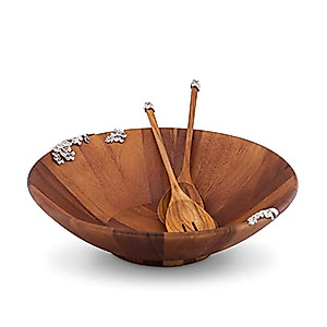 Vagabond House Wood Salad Bowl and Servers Lilacs Pattern 16 inch Diameter 4.5 inch Tall