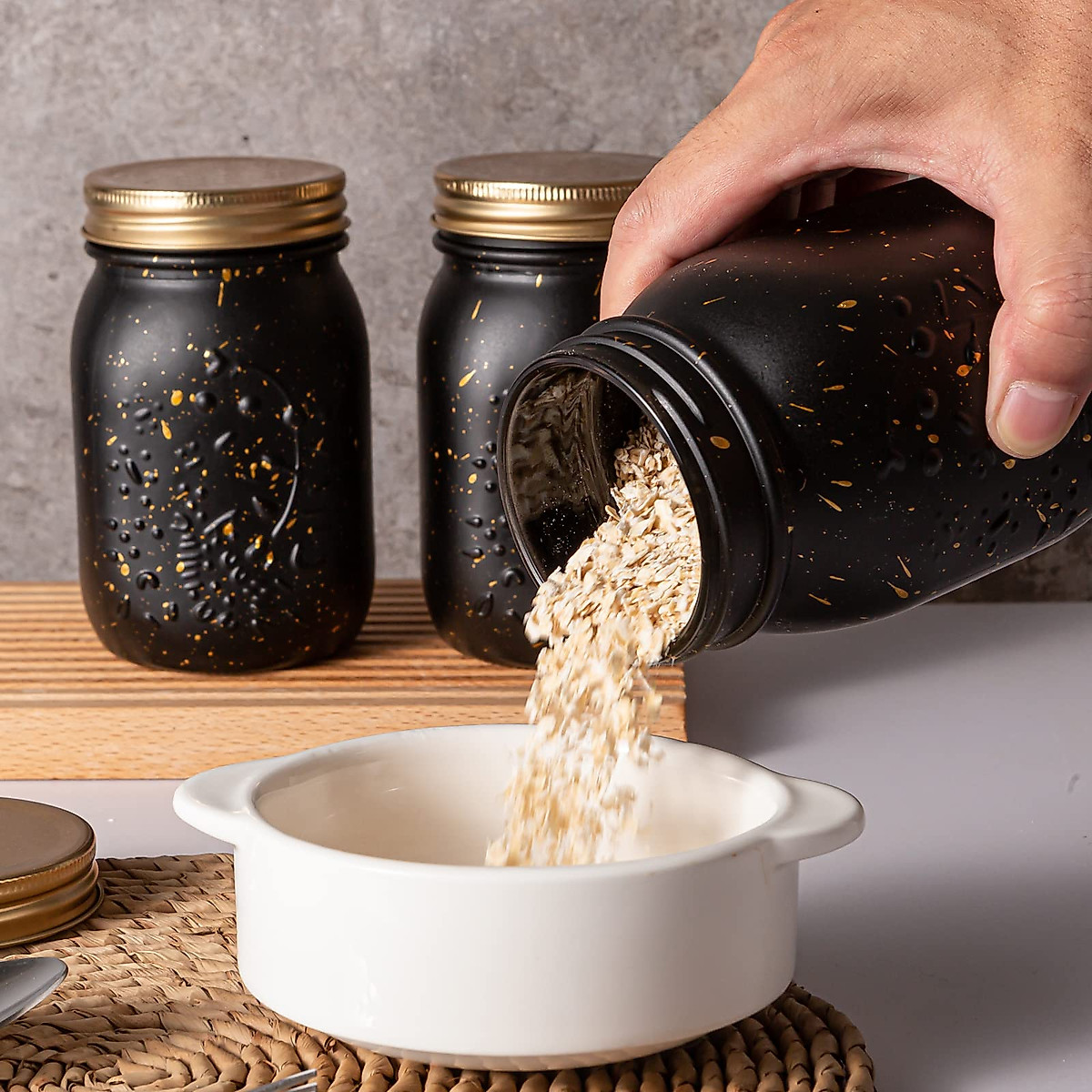 Claplante 6 Pack Glass Storage Jar, 16 oz Regular-Mouth Mason Jars with Metal Airtight Lids, Modern Design Food Storage Container, Kitchen Canisters, Food Storage Canister for Canning (Black