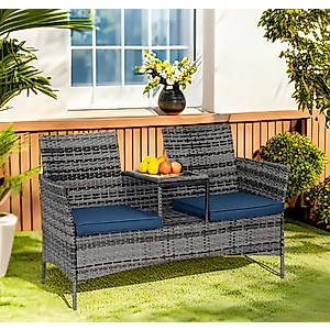 PatLoom Outdoor Patio Loveseat Set with Coffee & Cushions, 2-Seat Wicker for Rattan, Garden, Lawn Weather Resistant