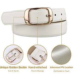 RISANTRY Womens White Belts with Gold Buckle, White Leather Belts for Women Dressy, Ladies White Fashion Waist Belt for Pants