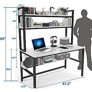 Aquzee Computer Desk with Hutch and Bookshelf, 47 Inches White Home Office Desk with Space Saving Design, Metal Legs Table Desk with Upper Storage Shelves for Study Writing/Workstation, Easy Assemble
