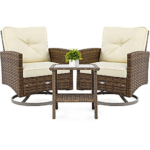 YITAHOME 3-Piece Patio Wicker Swivel Chairs, Outdoor Small Furniture Rocking Coversation Chairs w/Thick Cushions and Table for Garden, Backyard and Balcony (Tan Chairs + Off- White Cushions)