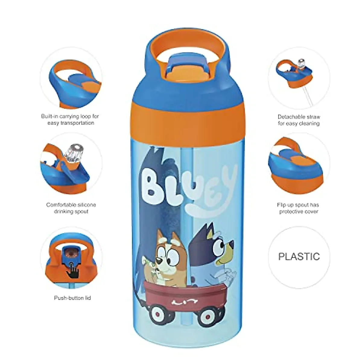 Zak Designs 17.5 oz Riverside Bluey Kids Water Bottle with Straw and Built in Carrying Loop Made of Durable Plastic, Leak-Proof Design for Travel, 2PK Set