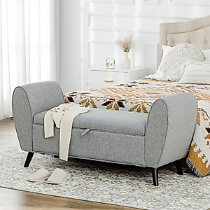 HOMCOM Upholstered Storage Ottoman, Armed Storage Bench with Rubber Wood Legs for Living Room, Light Gray