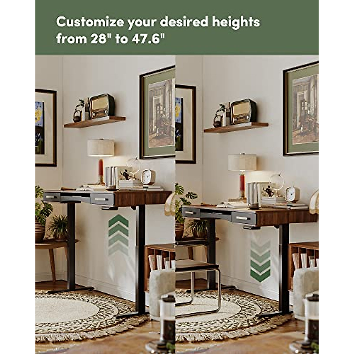 BANTI 48" x 26" Electric Standing Desk, Mid-Century Modern Desk with 3 Drawers, Stand Up Home Office Desks, Vintage Top