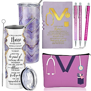 Domensi 6 Pcs Nurse Week Appreciation Gifts for Women Medical Nursing Assistant 20 oz Marble Sign Tumbler Makeup Bag Notepad with Ballpoint Pen for Graduation Nursing Student(Purple)